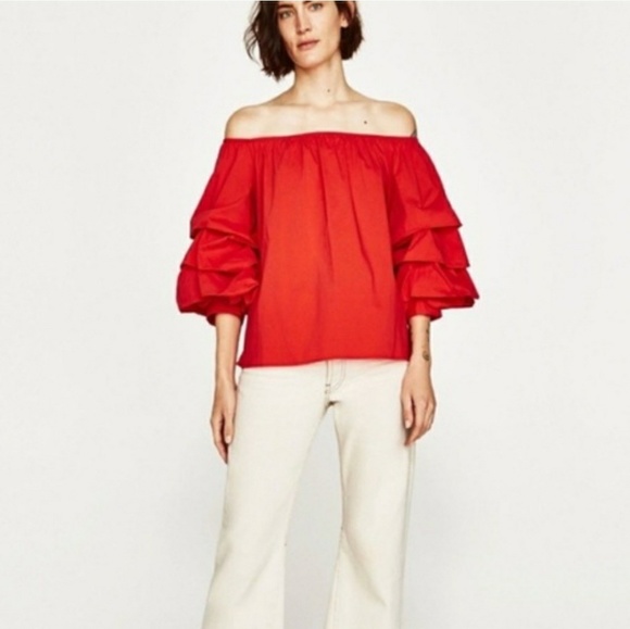 Zara | Tops | Zara Red Off The Shoulder Ruffle Sleeve | Poshmark